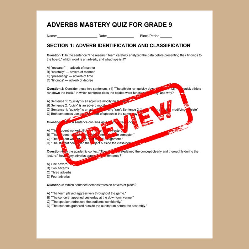Adverbs Worksheet for 9th Grade Students - Etsy UK