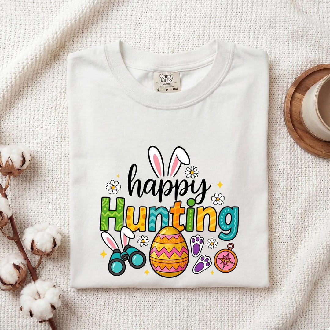 Happy Hunting Easter Egg Shirt, Cartoon Bunny Ears Graphic Tee - Etsy