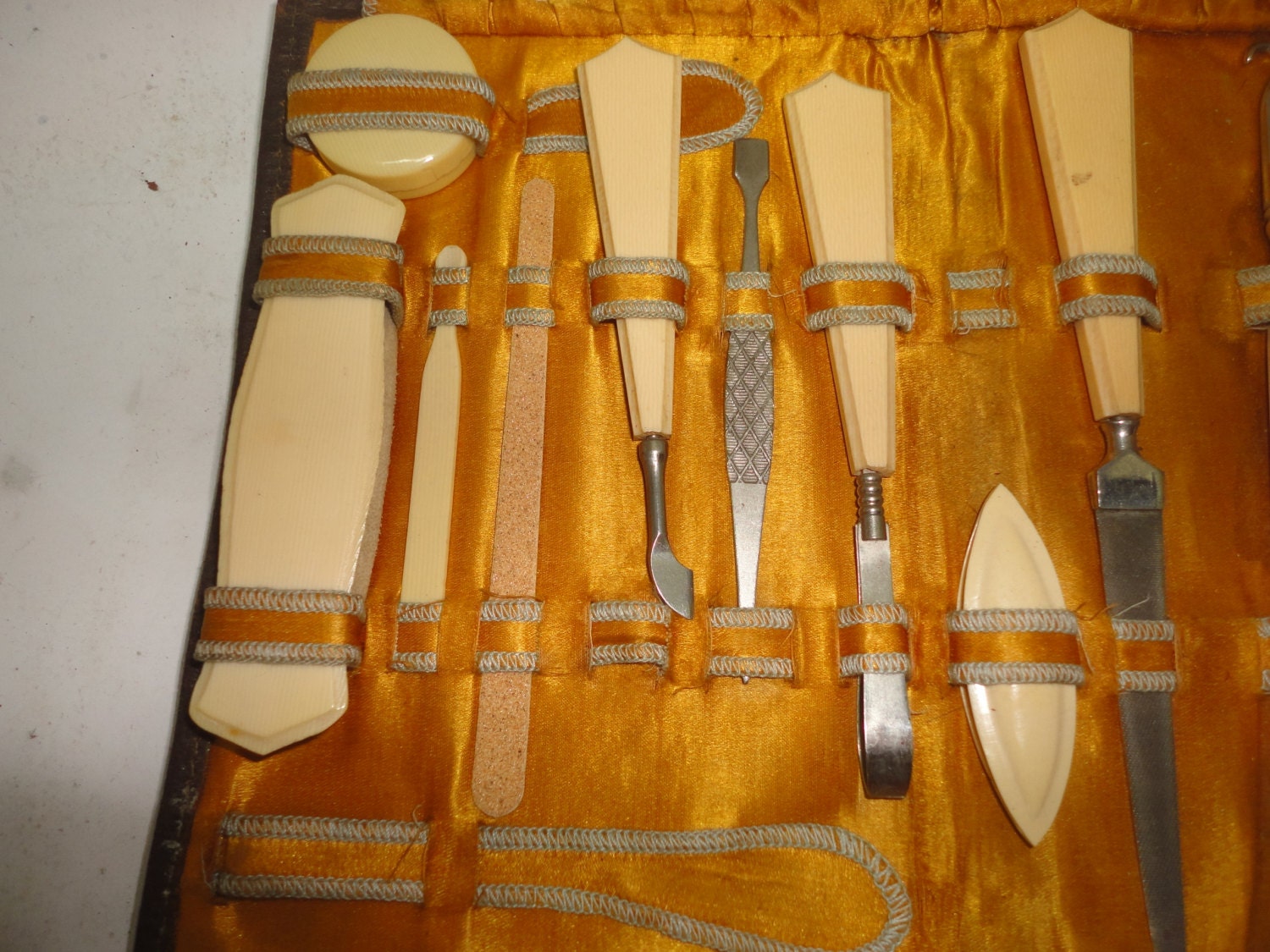 Vintage 19 Piece French Ivory Manicure Set in Leather & Satin Case ...