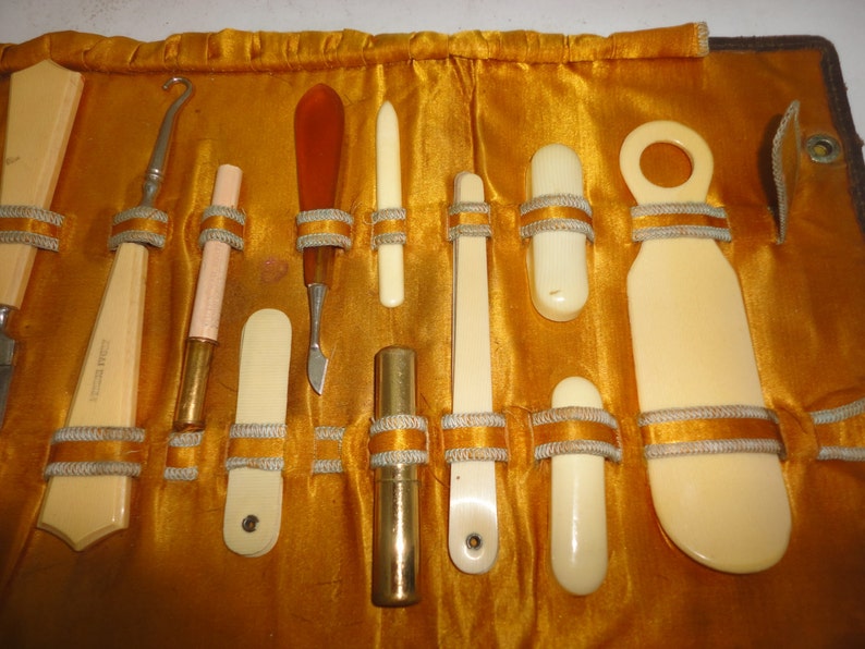 Vintage 19 Piece French Ivory Manicure Set in Leather & Satin Case ...