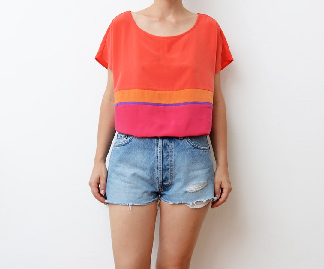 Vintage Pink Colorblock Women Oversized Boxy Silky Top / Color Block ...