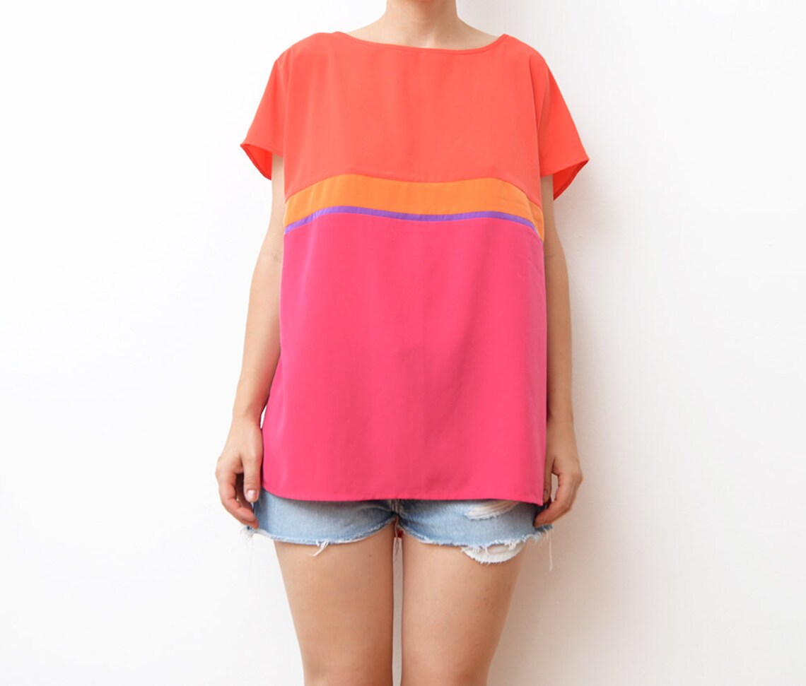 Vintage Pink Colorblock Women Oversized Boxy Silky Top / Color - Etsy