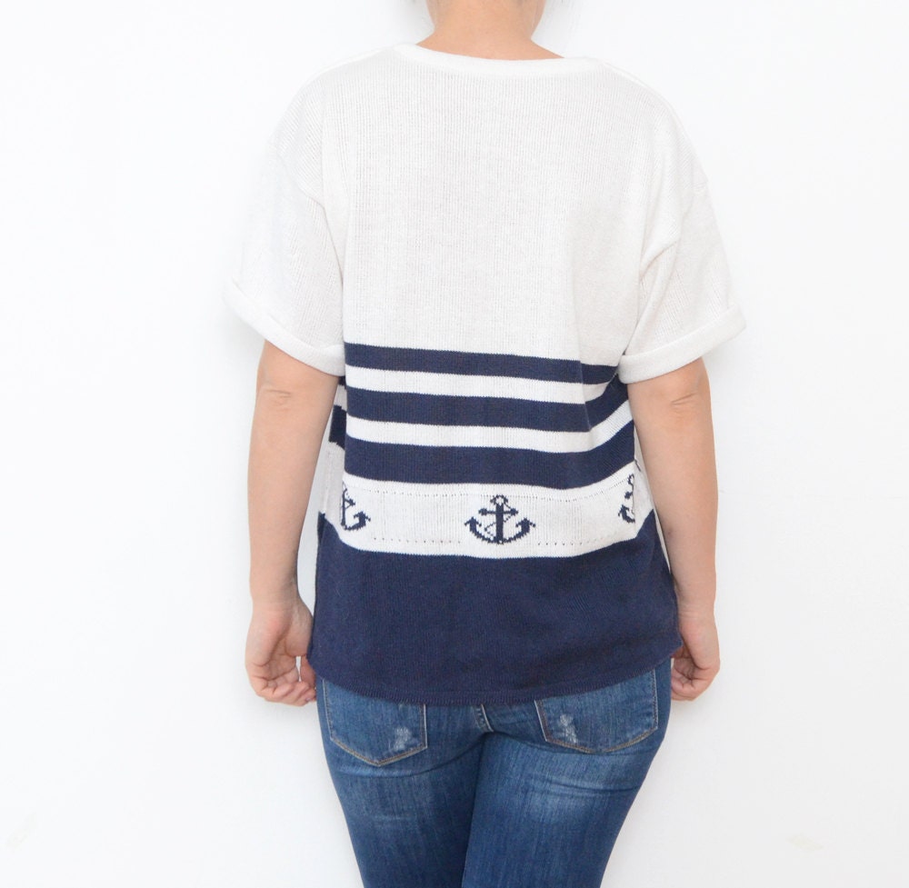 Vintage Navy Striped White Nautical Women Sweater Tshirt / Top Sailor ...