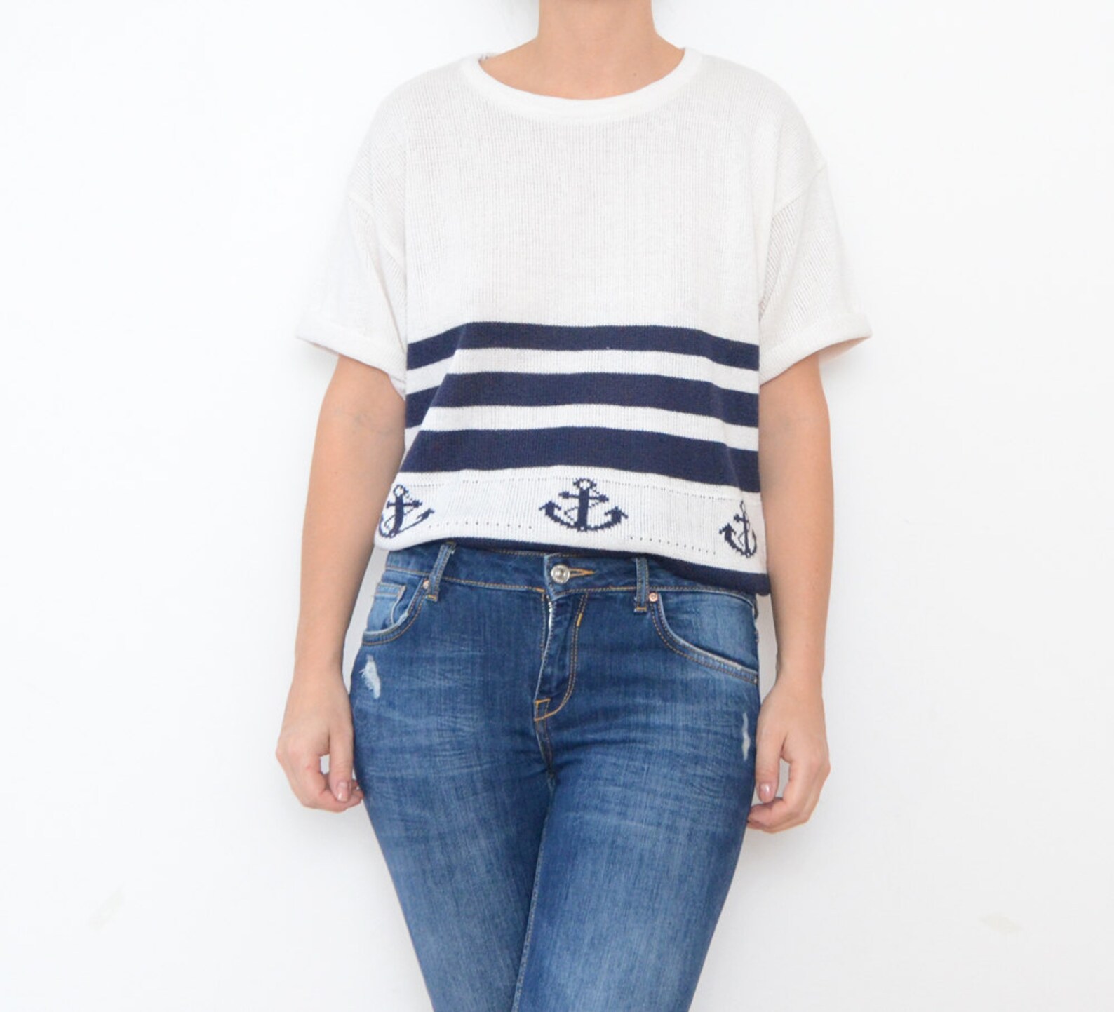 Vintage Navy Striped White Nautical Women Sweater Tshirt / Top Sailor ...