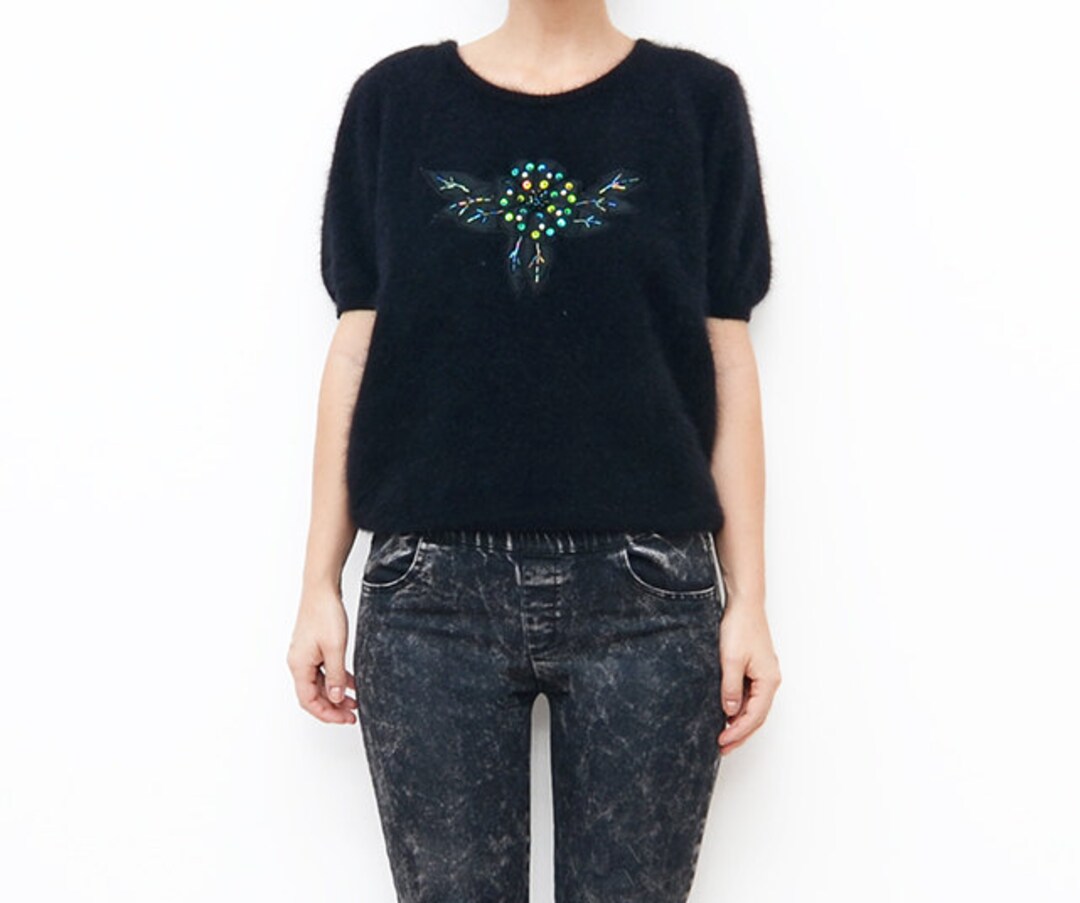 Vintage Black Mohair Fuzzy Women Sweater Top With Sequin Flower - Etsy