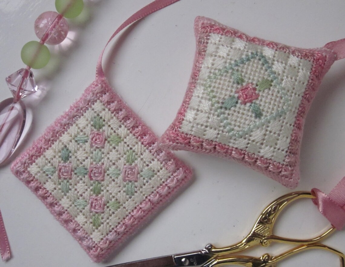 Canvas Work Embroidery Digital Pattern - Rosebud Bookmark & Scissor Fob ...
