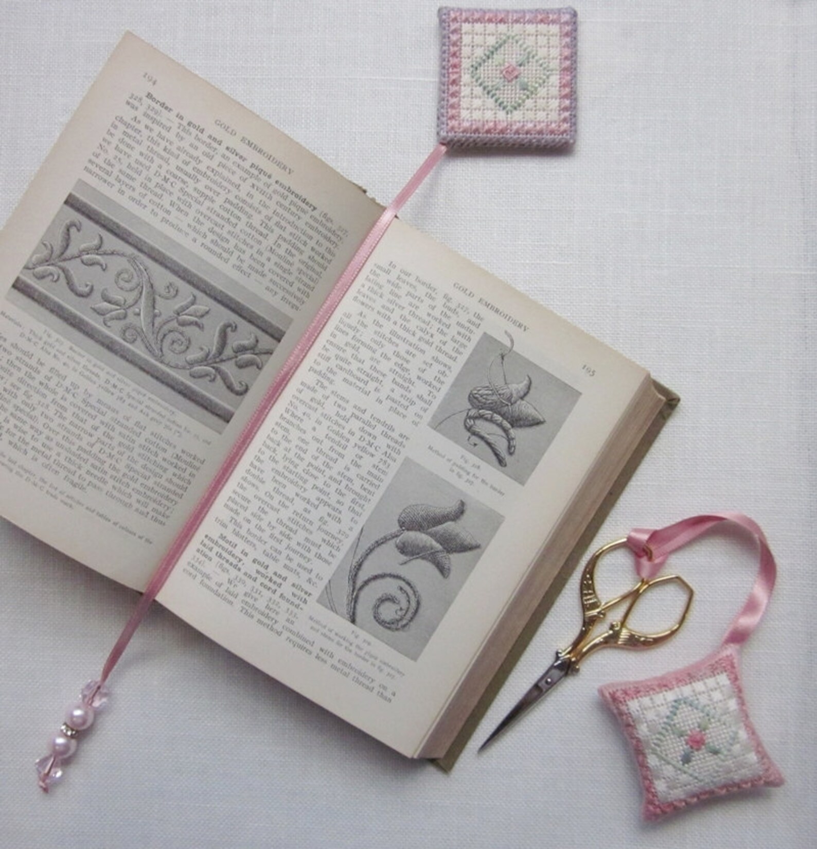 Canvas Work Embroidery Digital Pattern - Rosebud Bookmark & Scissor Fob ...