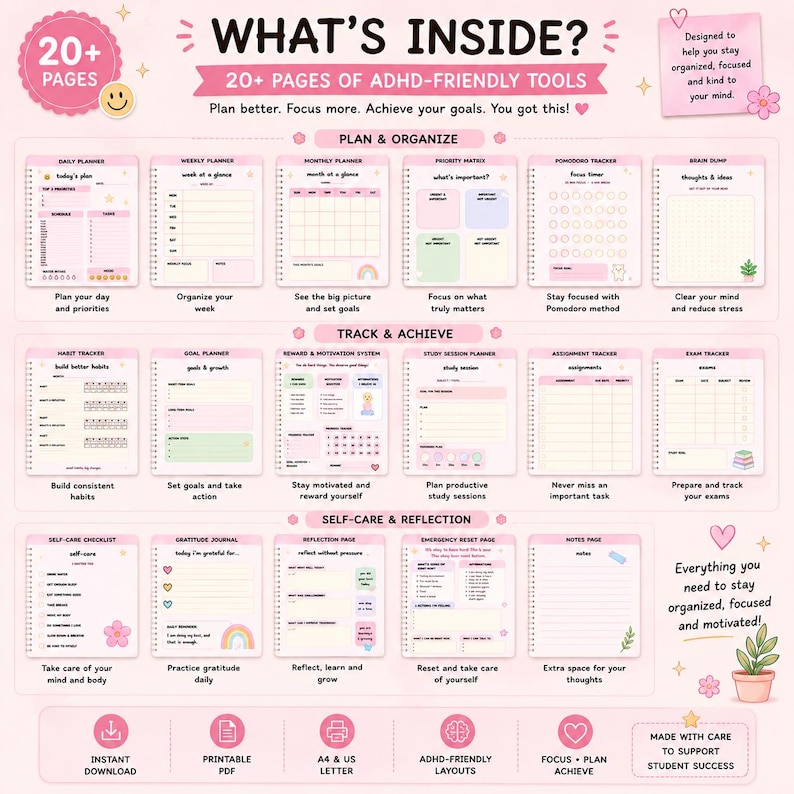 Pink ADHD Student Planner | Printable PDF | Study Planner for Teens ...