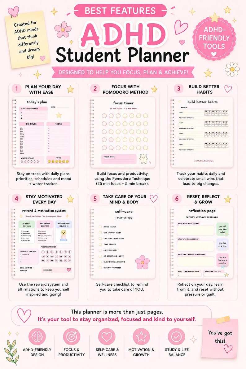 Pink ADHD Student Planner | Printable PDF | Study Planner for Teens ...
