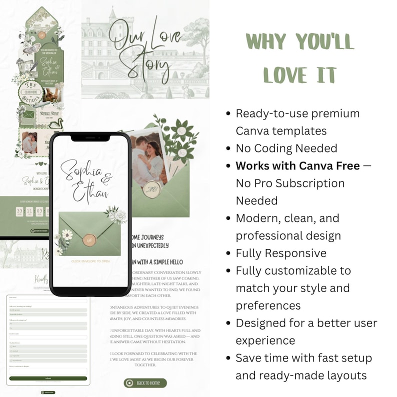 Botanical Wedding Website Canva Template, Ivory Sage Green Digital ...