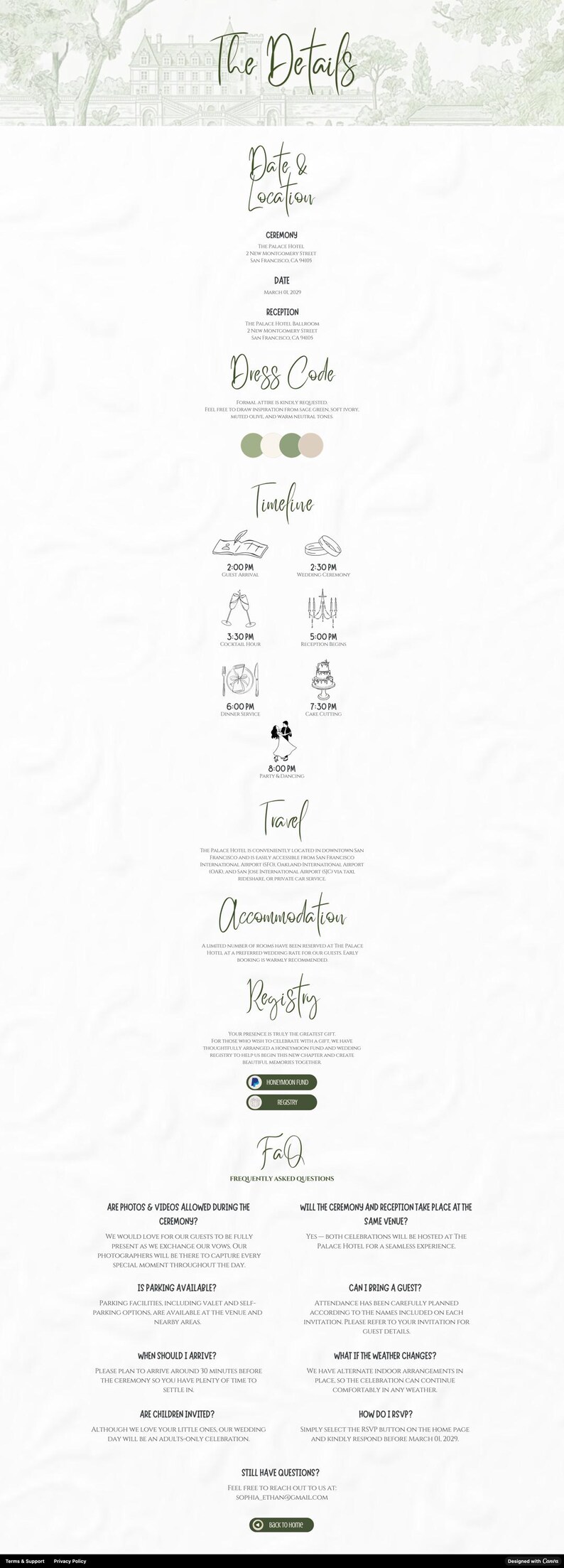 Botanical Wedding Website Canva Template, Ivory Sage Green Digital ...