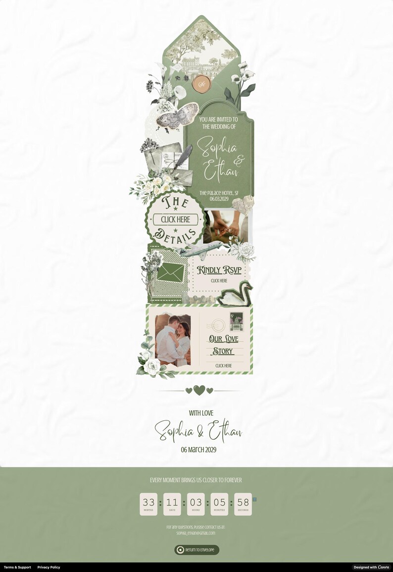 Botanical Wedding Website Canva Template, Ivory Sage Green Digital ...