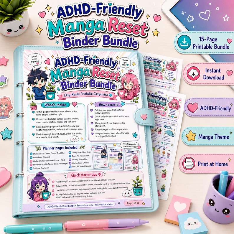 ADHD Manga Reset Binder Bundle, House Cleaning, Self Care Checklist ...