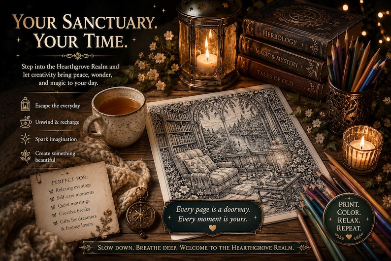 Cozy Fantasy Library Coloring Page Printable | Cottagecore Reading Nook ...