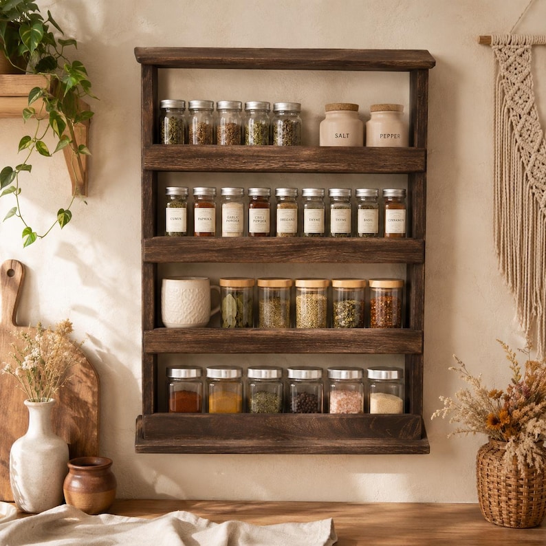 Bamboo Spice Rack Wall Mounted, Rustic Kitchen Organizer Shelf, 4 Tier ...