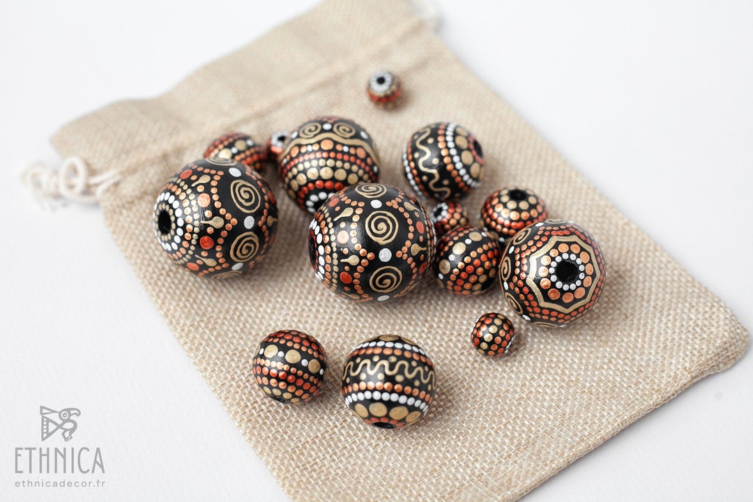 African Wooden Round Beads, Gold Hand Painted Beads for Jewelry Making ...
