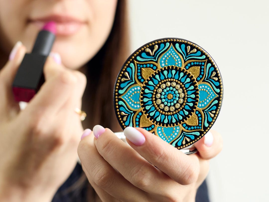 Turquoise Hand-painted Mandala Compact Mirror, Unique Cosmetic Gift for ...