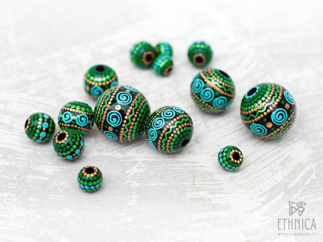 Green Round Beads, Wooden Hand Painted Beads for Jewelry Making ...