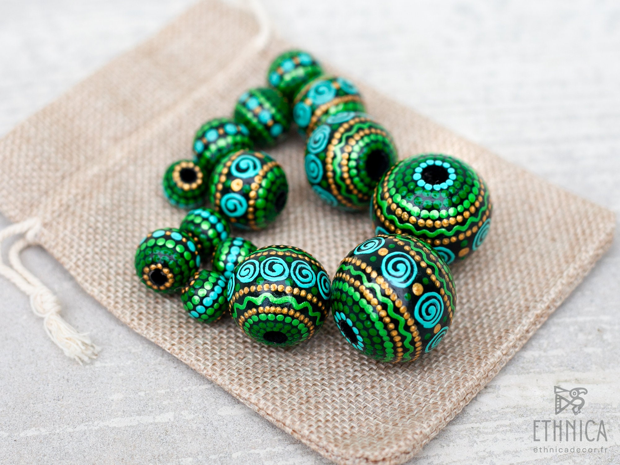 Green Round Beads, Wooden Hand Painted Beads for Jewelry Making ...
