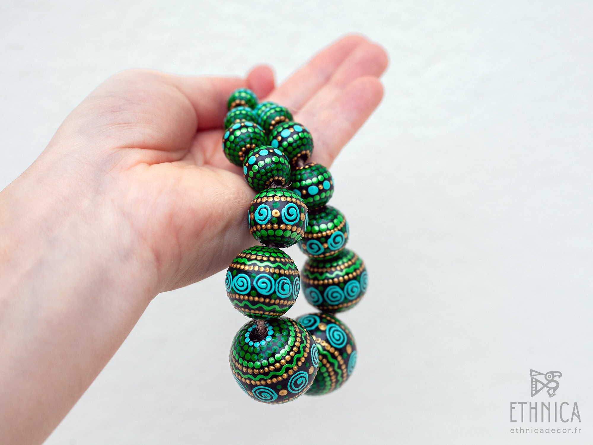 Green Round Beads, Wooden Hand Painted Beads for Jewelry Making ...