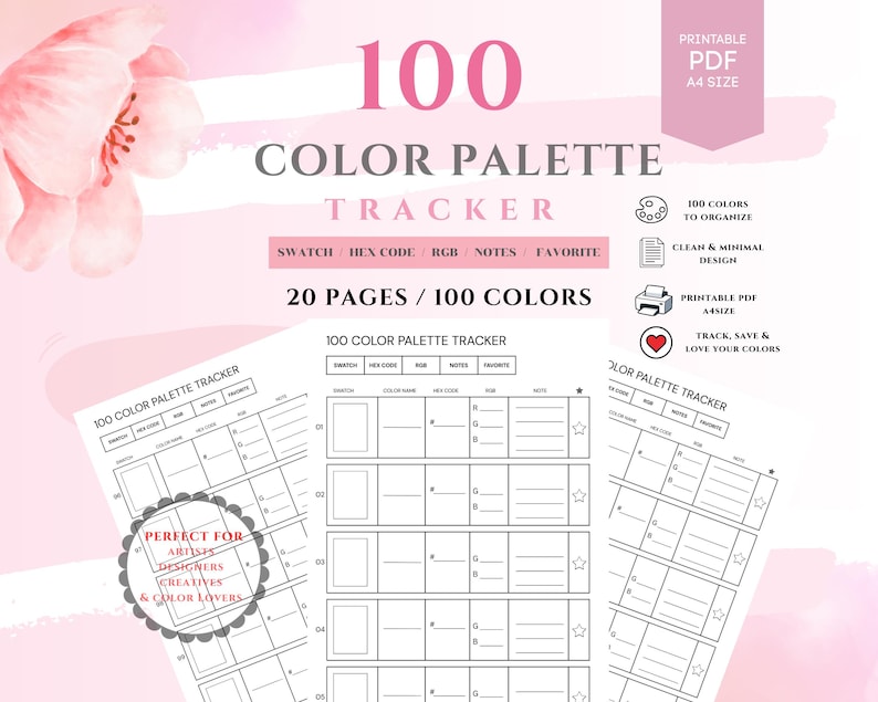 100 Color Palette Tracker Printable PDF Color Swatch Journal Hex Code ...