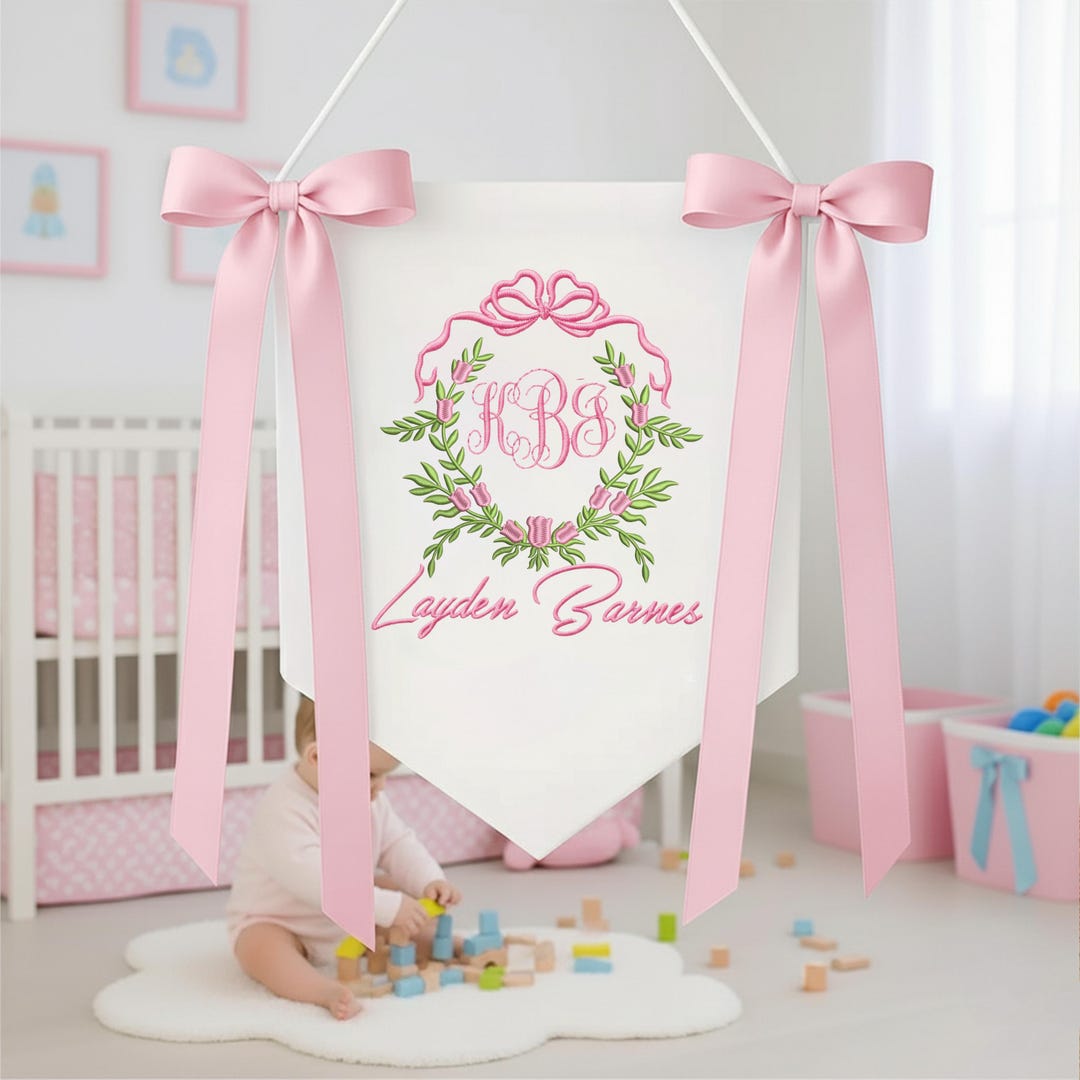 Embroidered Custom Girly Banner With Floral Crest, Welcome Banner With ...