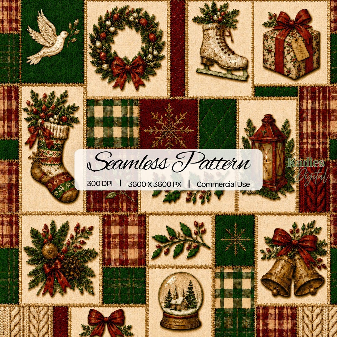 Vintage Christmas Patchwork Seamless Pattern, Red Green Tartan Faux ...
