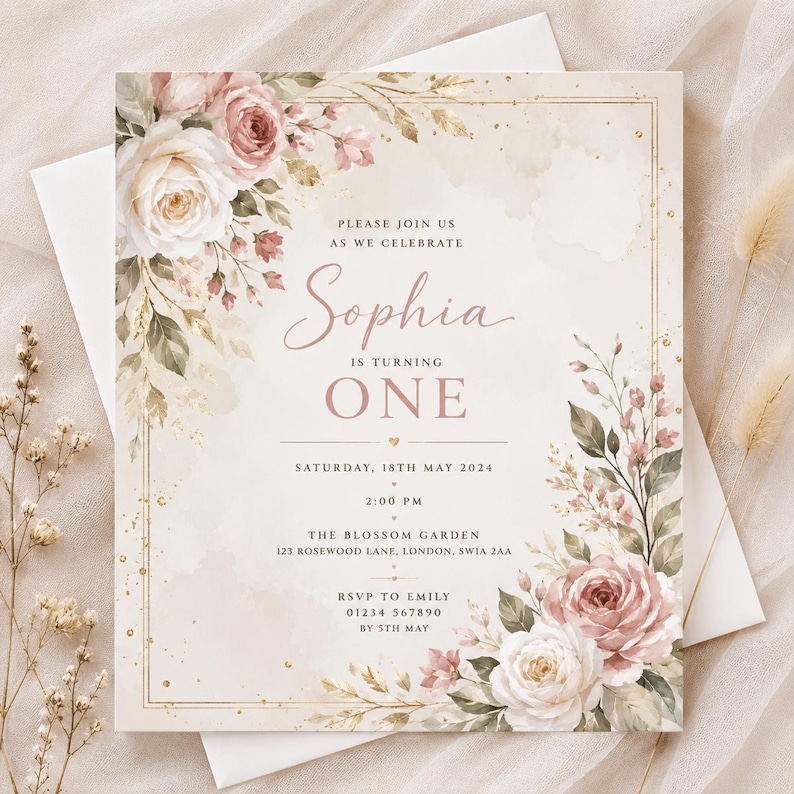 Floral Birthday Invitation Template: Blush Pink Watercolor Roses, Gold ...