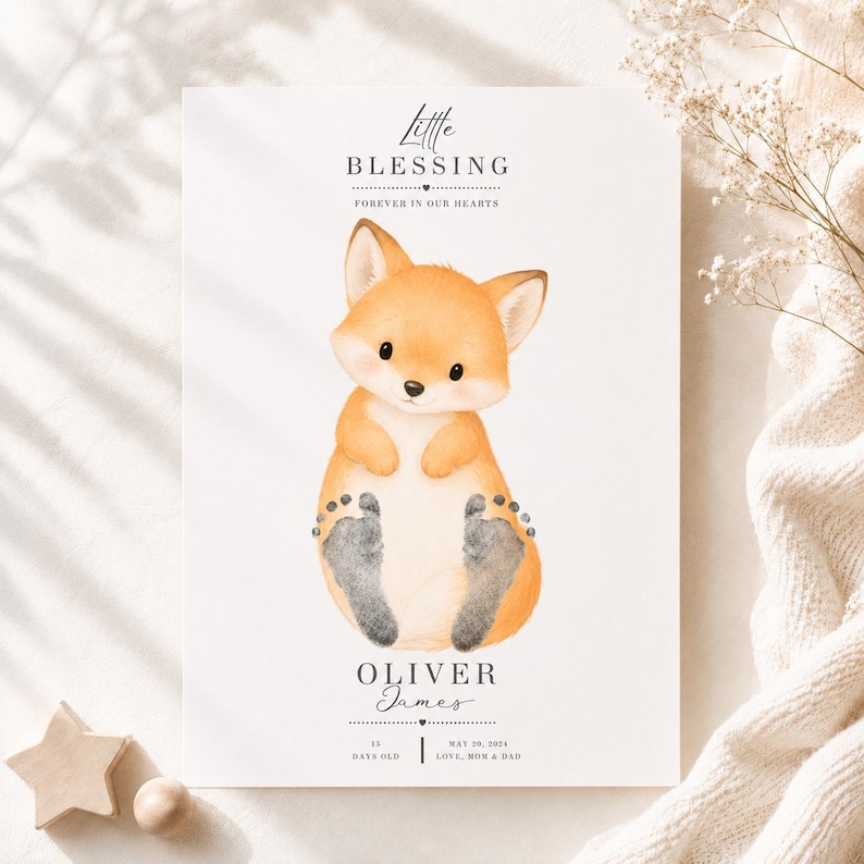 Fox Baby Footprint Kit, Canva Editable Template, Newborn Keepsake ...
