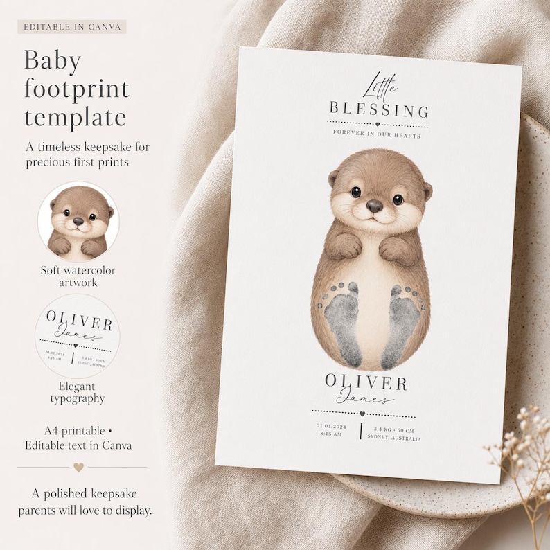 Otter Baby Footprint Kit, Canva Editable Template, Newborn Keepsake ...
