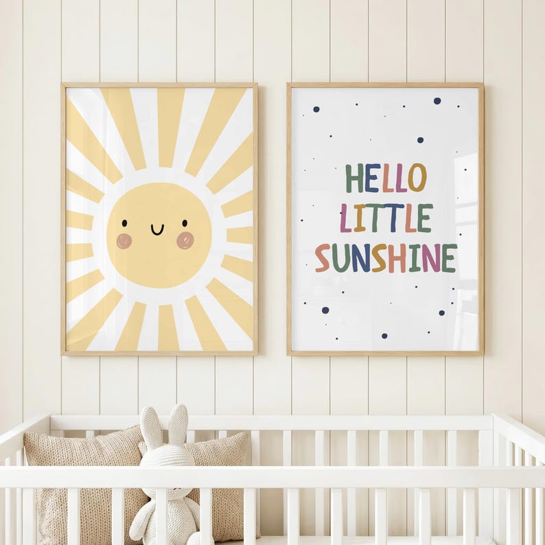 Poster Set, Hello Little Sunshine, Smiling Sun Nursery Print, Kids ...