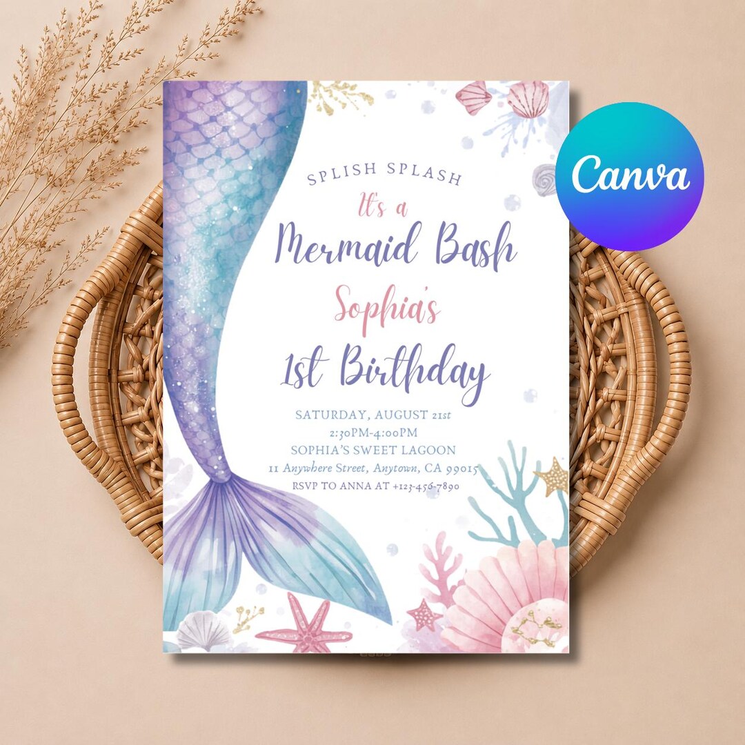 Splish Splash Mermaid Party Invite, Printable 5x7 Canva Template, Under ...