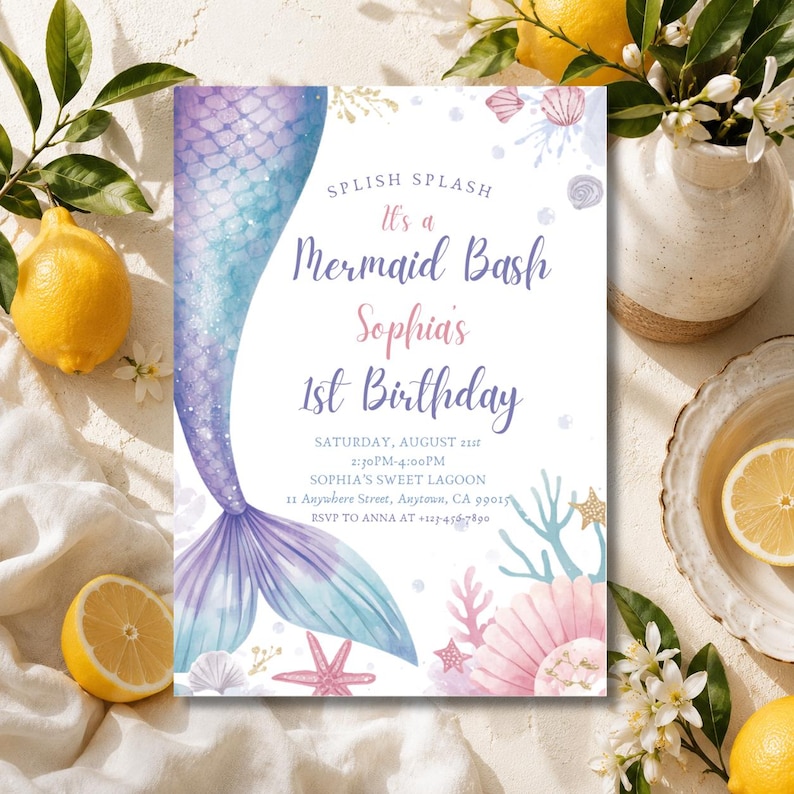 Splish Splash Mermaid Party Invite, Printable 5x7 Canva Template, Under ...