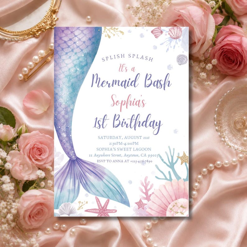 Splish Splash Mermaid Party Invite, Printable 5x7 Canva Template, Under ...