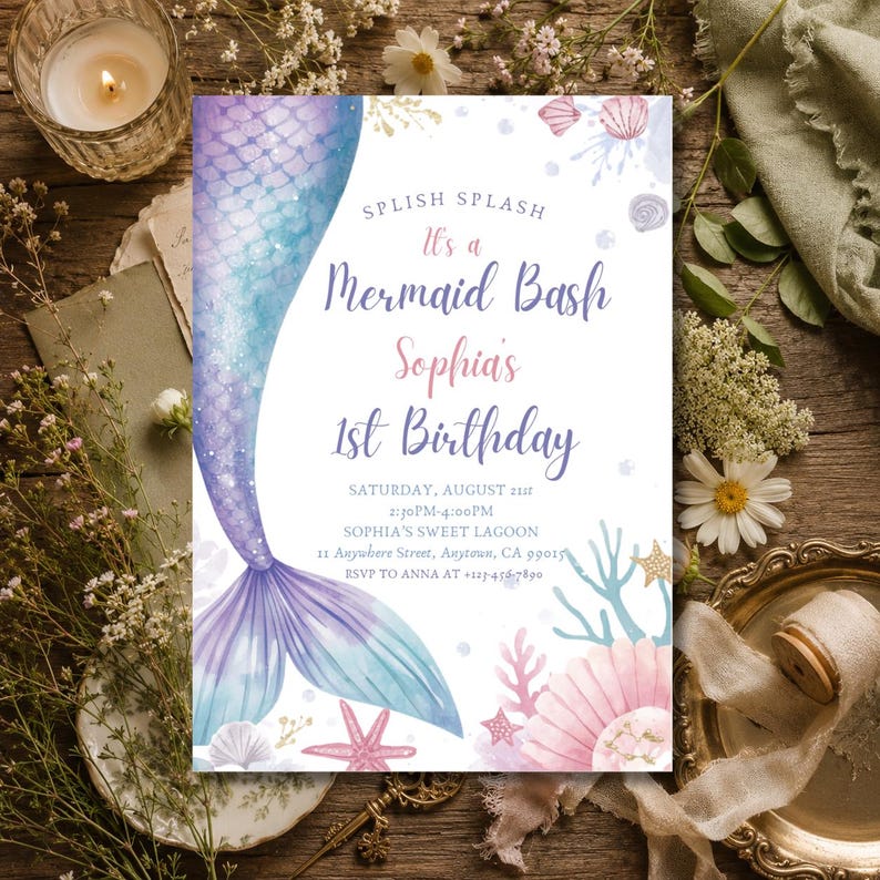 Splish Splash Mermaid Party Invite, Printable 5x7 Canva Template, Under ...