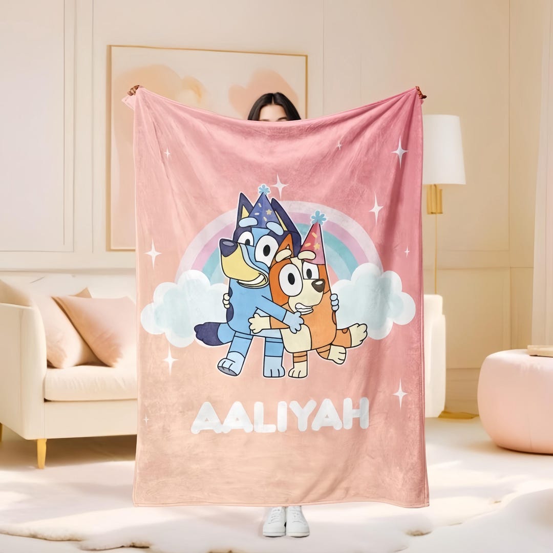 Personalized Pink Bluey Blanket, Bluey Family Soft Cozy Fleece Blankets ...
