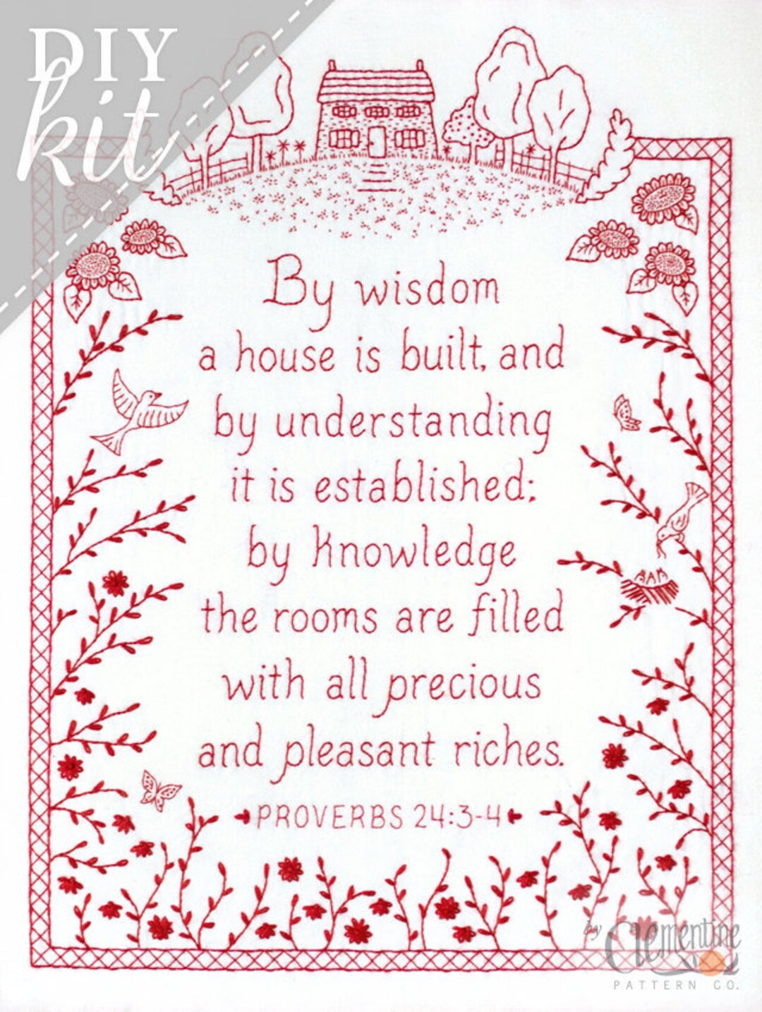By Wisdom a House is Built Proverbs Embroidery KIT in Redwork Wedding ...