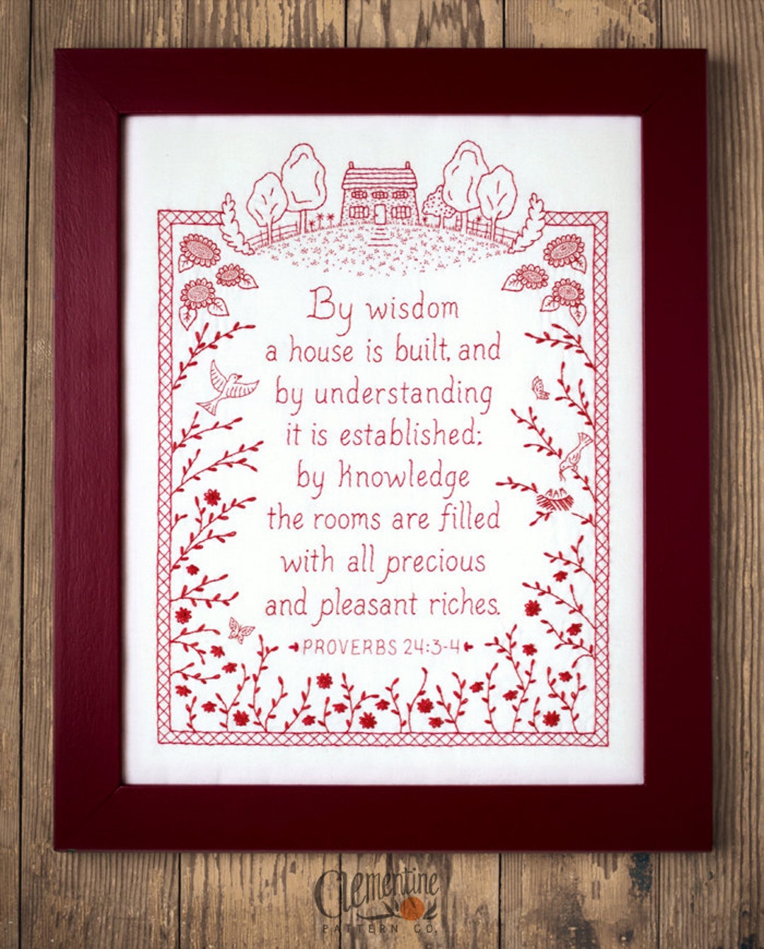 By Wisdom a House is Built - Proverbs Embroidery Pattern in Redwork ...