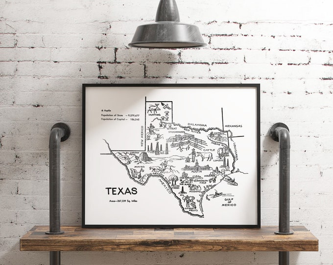 Texas Map State Wall Art Print Vintage Texas Poster Kids - Etsy