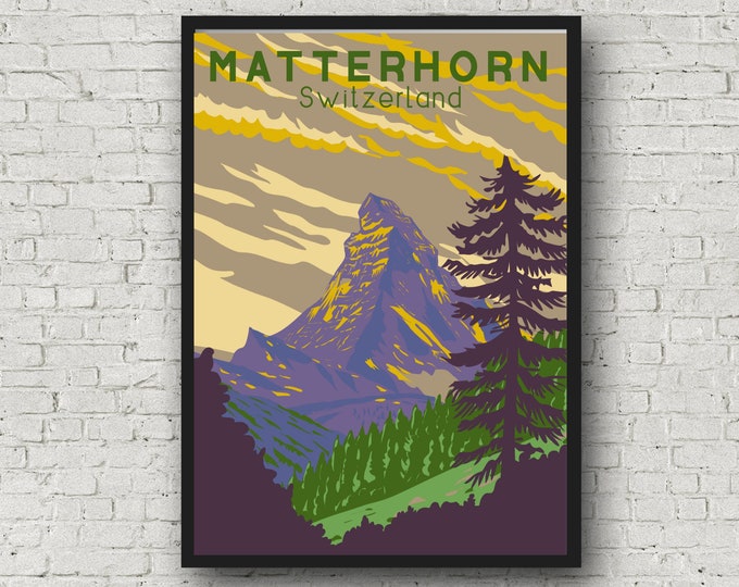Matterhorn Poster / Switzerland Alps Travel Poster / Vintage Retro ...