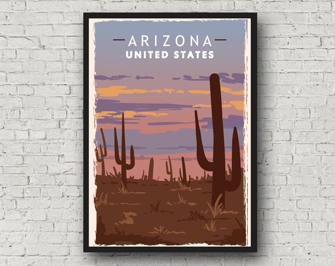 Arizona Travel Poster, Saguaro Cactus Poster, Arizona Vintage Poster ...