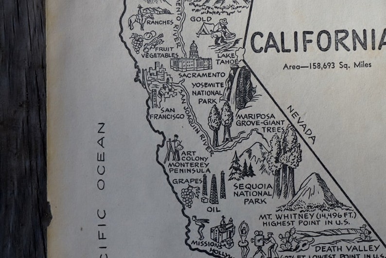 Vintage California Map Coloring Book Page 1950s State Wall - Etsy