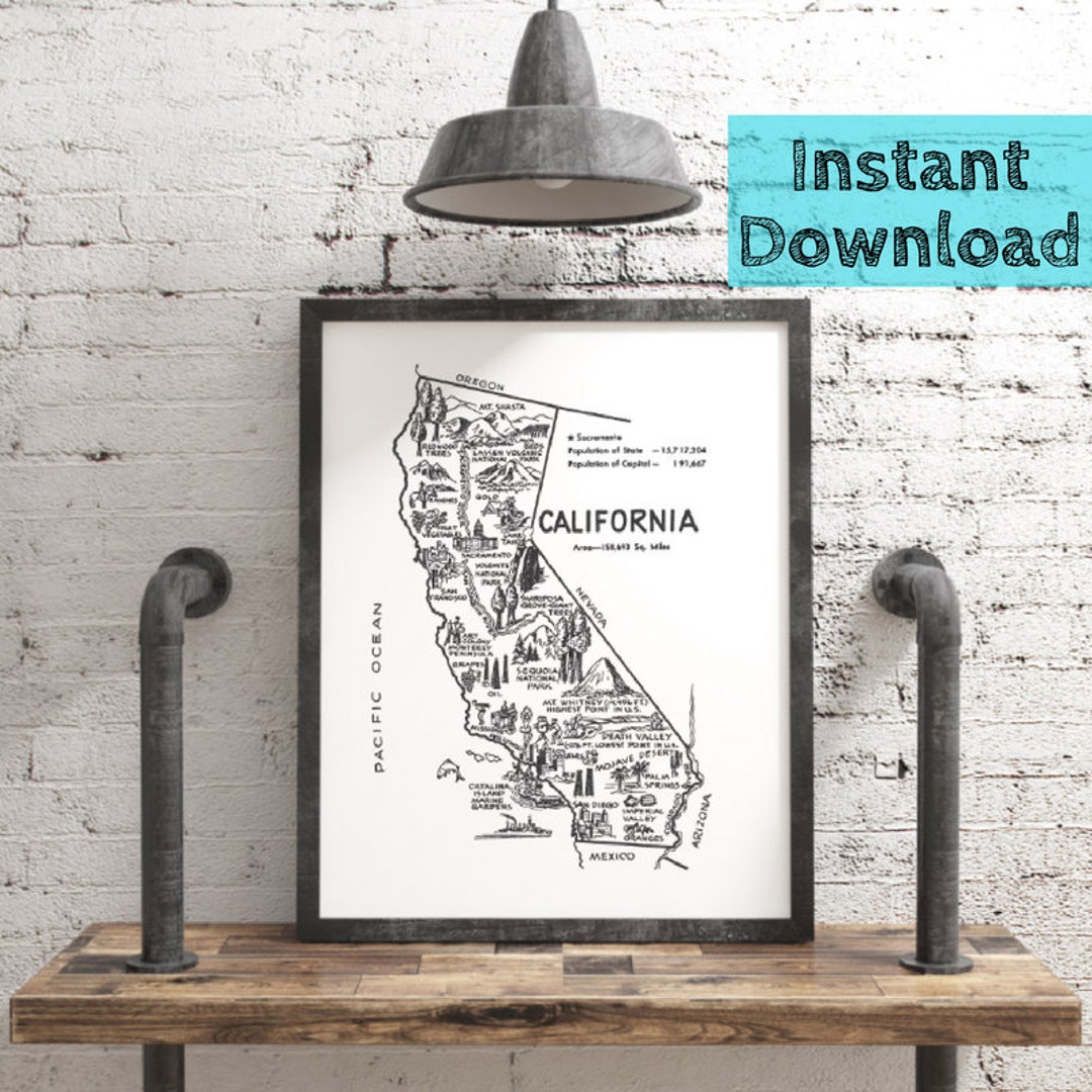 California Map DIGITAL Printable Art, Instant DOWNLOAD State Decor - Etsy