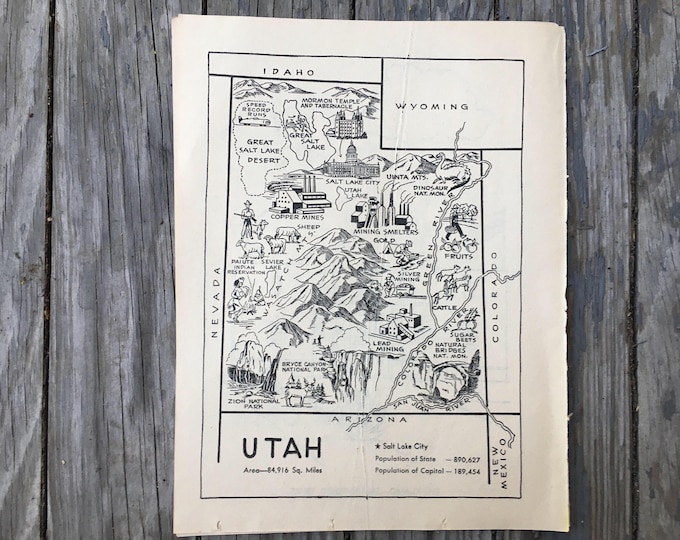 Utah Map Wall Art Coloring Book Page / 1950s Vintage Map State Art ...