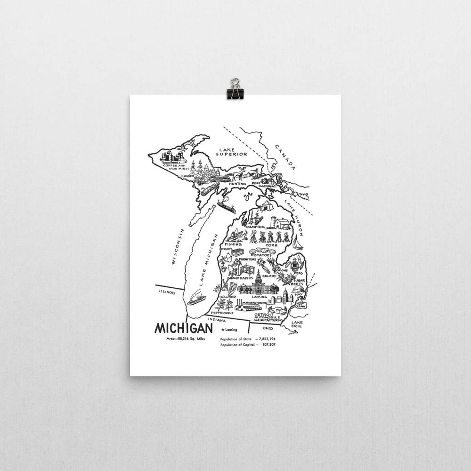 Michigan Map Print Vintage Michigan Poster State Wall Art - Etsy