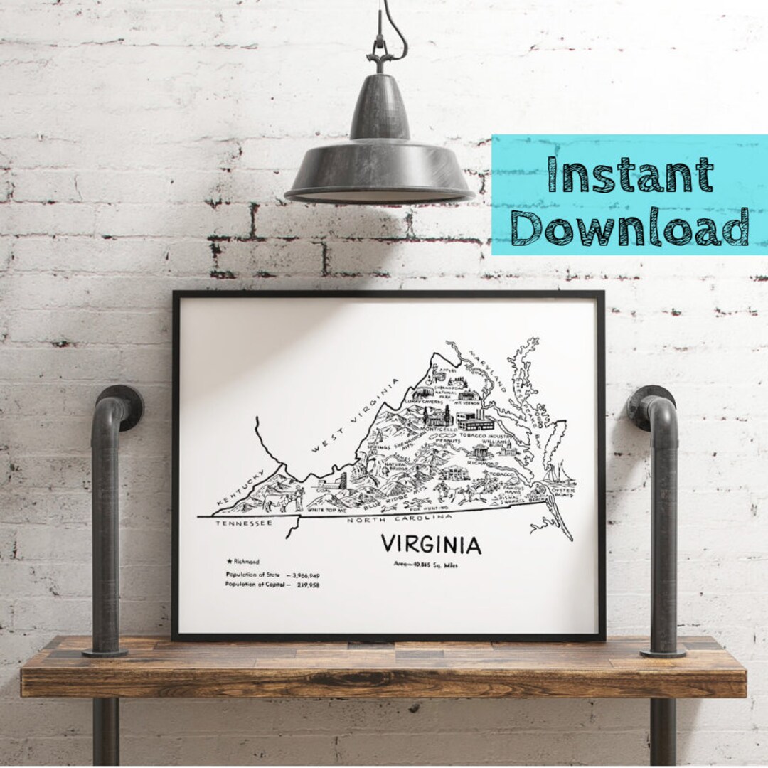 Virginia Map DIGITAL Printable, Instant DOWNLOAD, 1950s State Wall Art ...