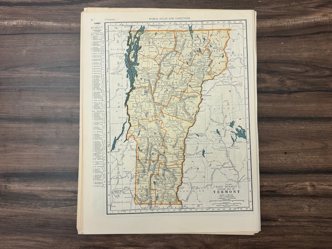 Antique Vermont Map Page From a 1939 Atlas, Rustic Decor - Etsy