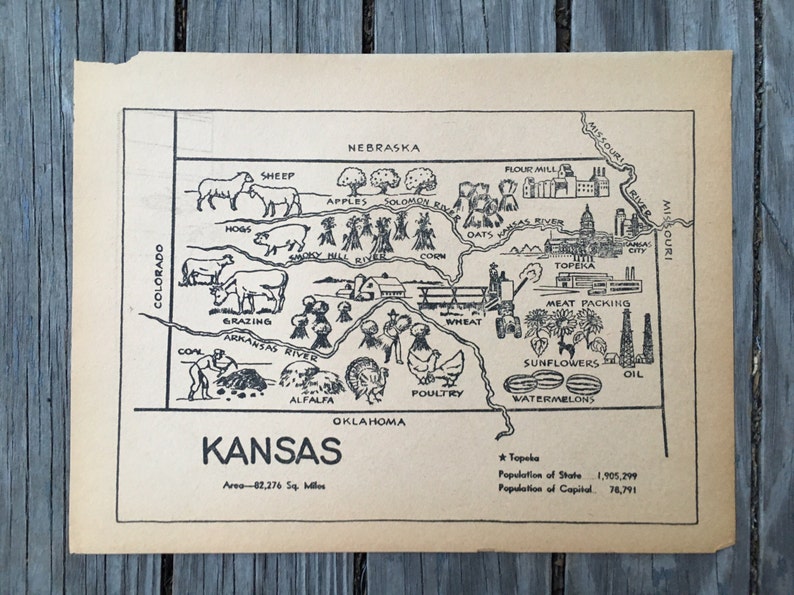 Kansas Map Wall Art / 1950s Coloring Book Page / Kids Map | Etsy