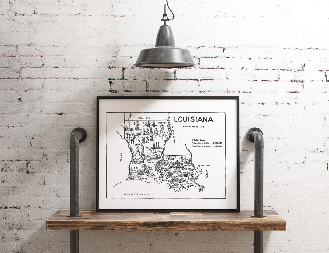 Louisiana Print State Wall Art, Vintage Style Louisiana Map Poster - Etsy