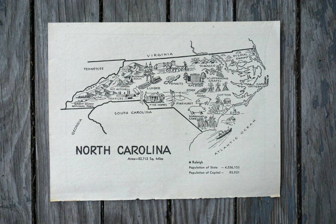 Vintage North Carolina Map Coloring Book Page, Travel Map Decor - Etsy